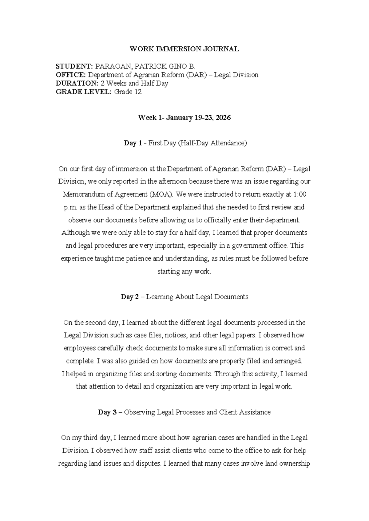 WORK IMMERSION JOURNAL: Insights from DAR Legal Division Experience ...
