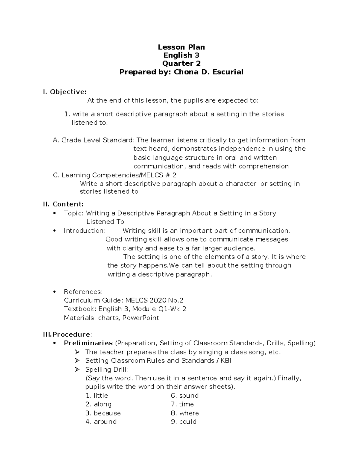 English 3 Lesson Plan: Writing Descriptive Paragraphs (Quarter 2) - Studocu
