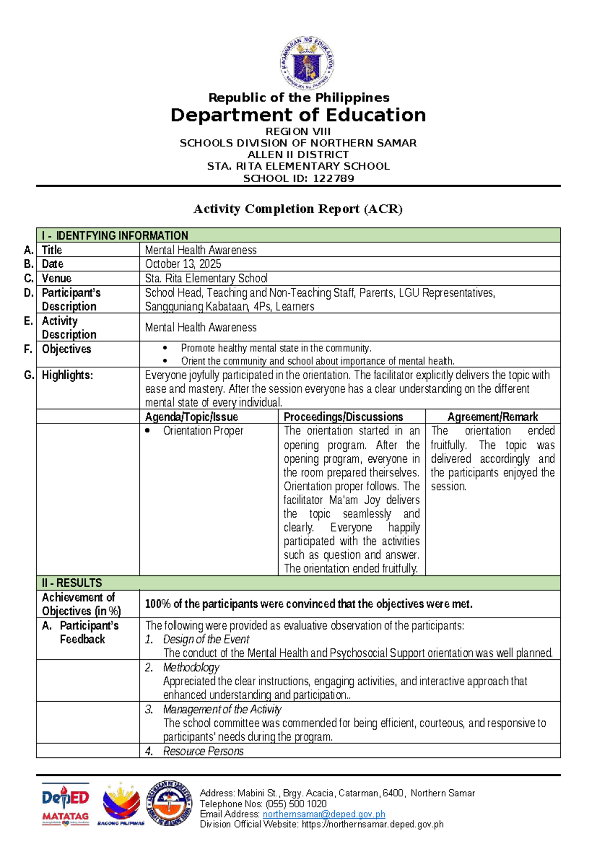 SRES-ACR: Mental Health Awareness Activity Report 2024-2025 - Studocu