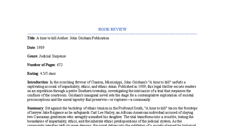 BOOK REVIEW: A Time to Kill (LAW 101) by John Grisham - Studocu