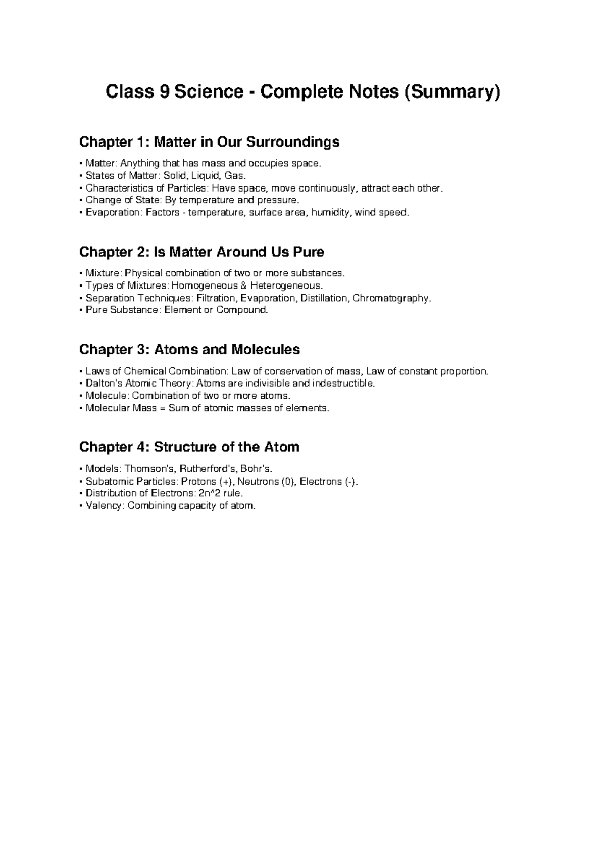 Class 9 Science Complete Notes: Matter, Mixtures & Atoms Summary - Studocu