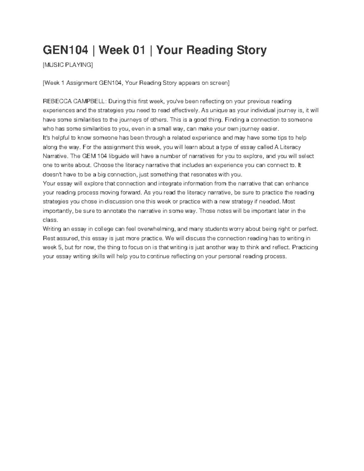 GEN104 Week 01 Literacy Narrative Assignment Overview - Studocu