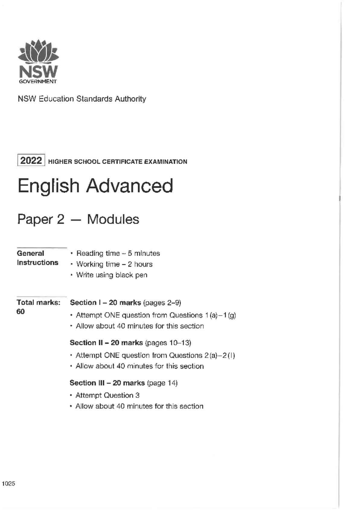 2022 HSC English Advanced Paper 2 Exam - Modules & Questions - Studocu