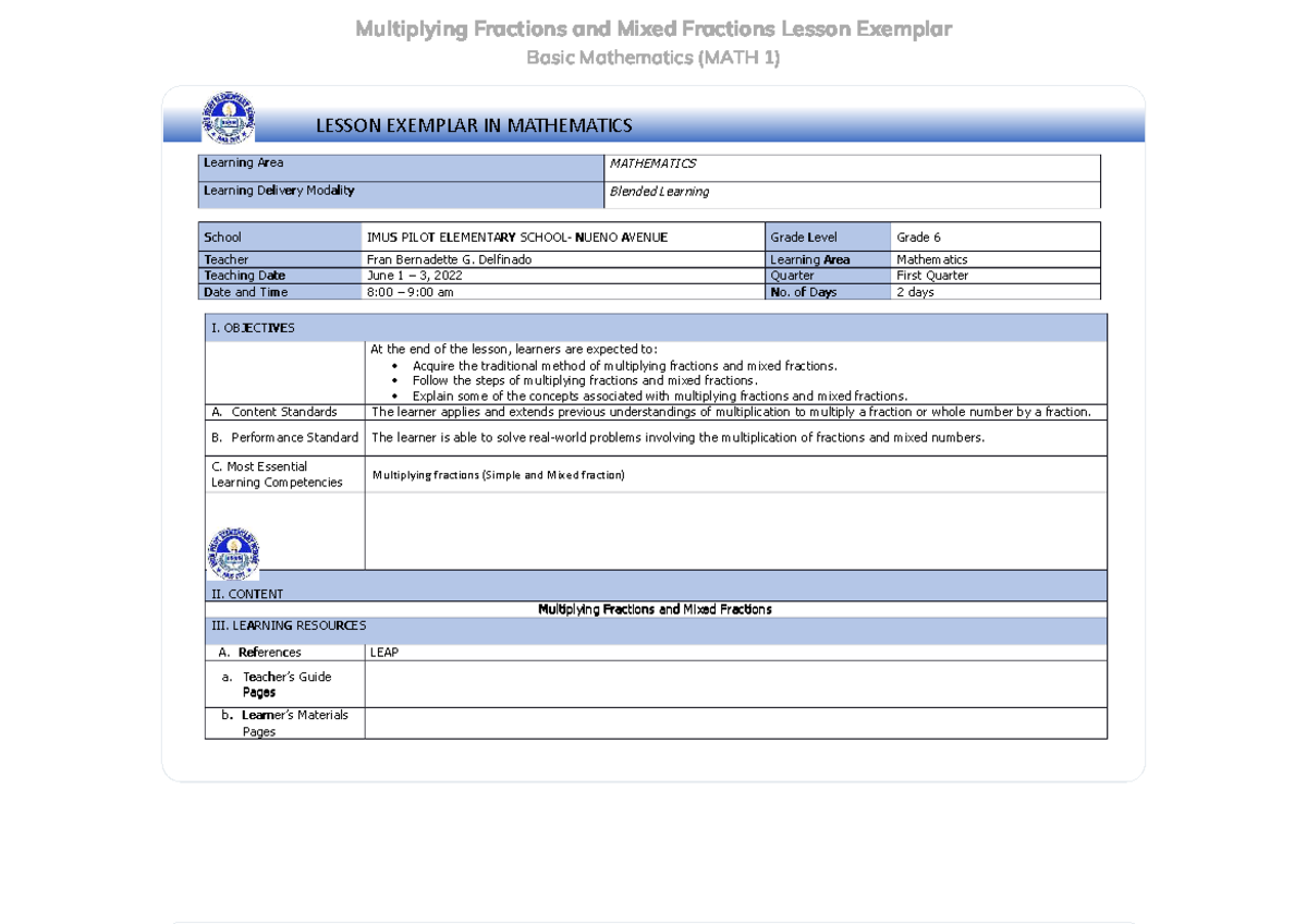 Multiplying Fractions & Mixed Fractions Lesson Exemplar (MATH 1) - Studocu