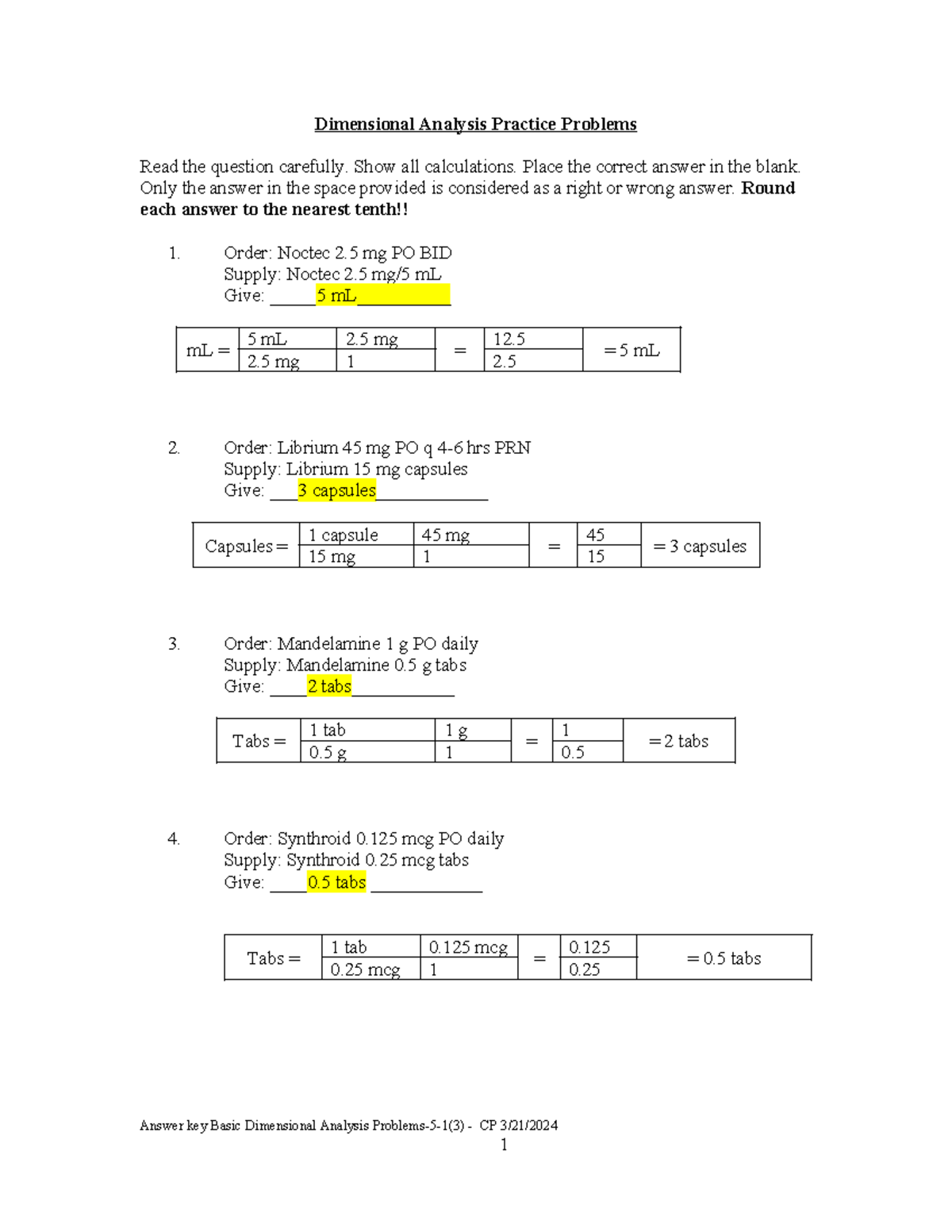 Answer Key for Basic Dimensional Analysis Problems-5-1 (CP) - Studocu