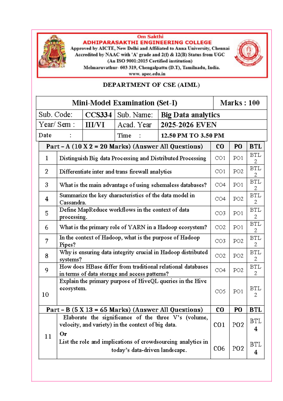 BDA CCS334 Model Exam Question Paper - Big Data Analytics - Studocu