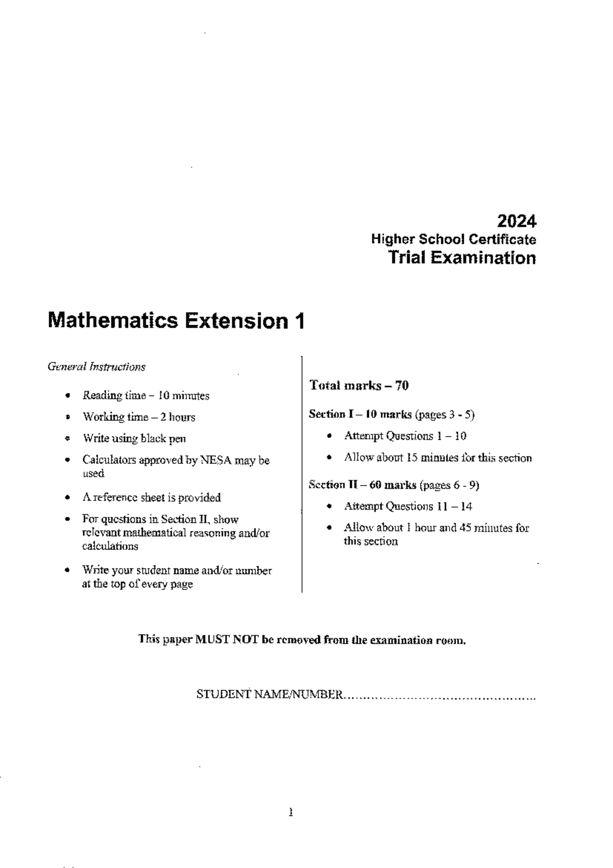 2024 HSC Year 12 Math Extension 1 Trial Exam with Answers & Solutions ...