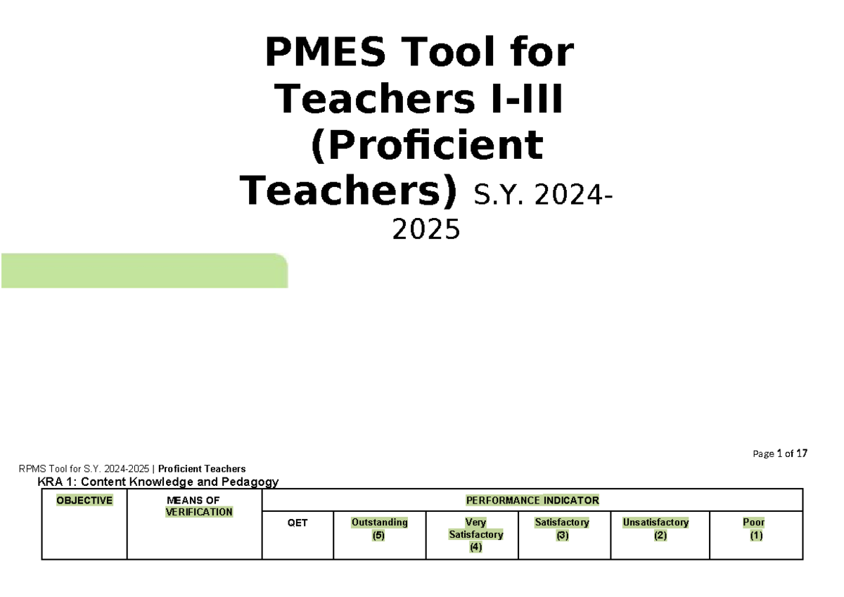 Annex A PMES Tool for Proficient Teachers SY 2024-2025 - PMES Tool for Teachers I-III ...