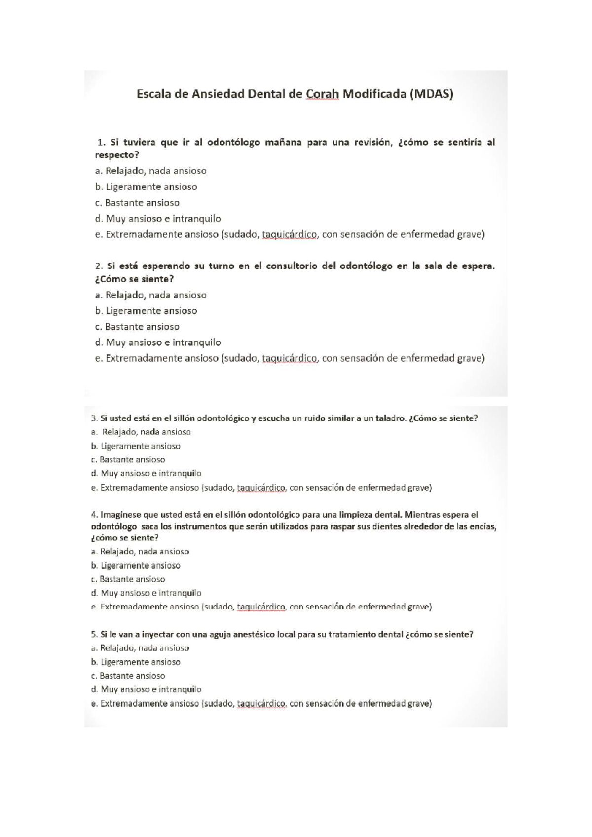 Escala de Ansiedad Dental Modificada (MDAS) - Evaluación de Ansiedad ...