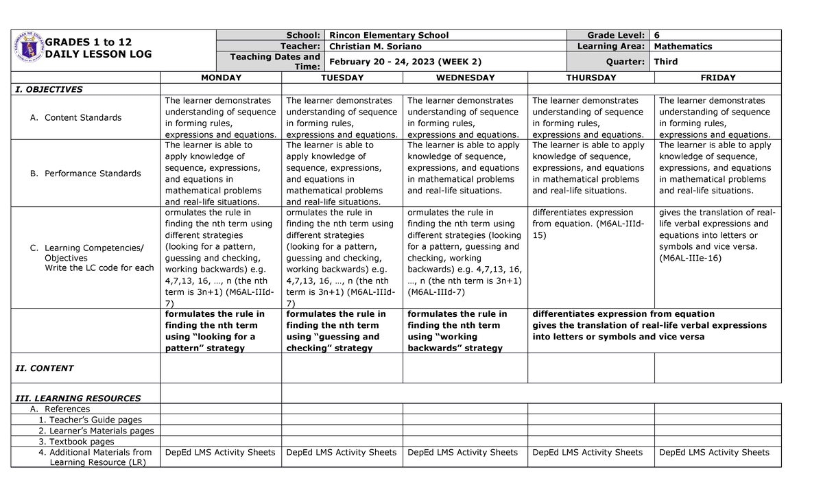 DLL Mathematics 6 Q3 W2 - Daily Lesson Log and Activities - Studocu