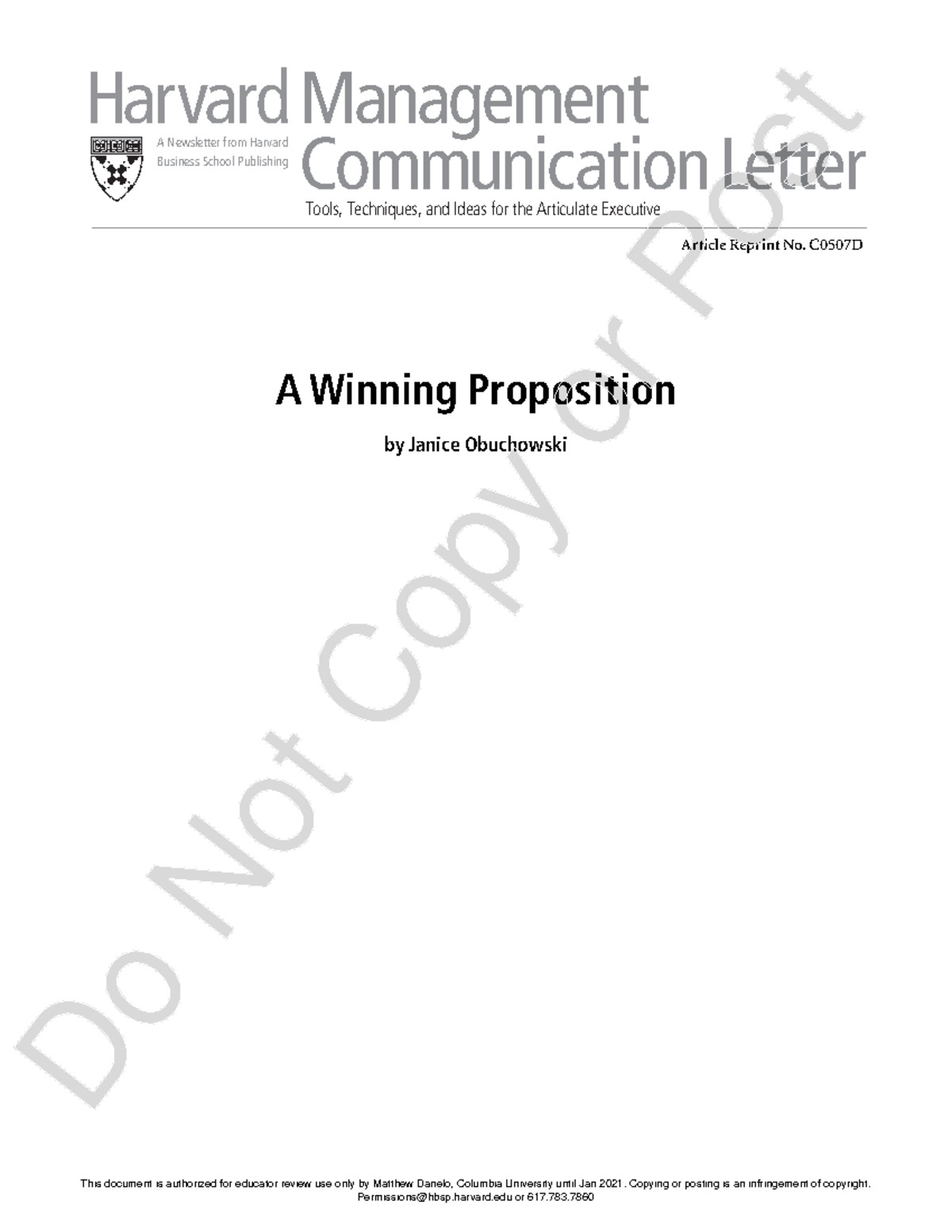 Harvard Management Communication Letter: Proposal Insights by Obuchowski - Studocu