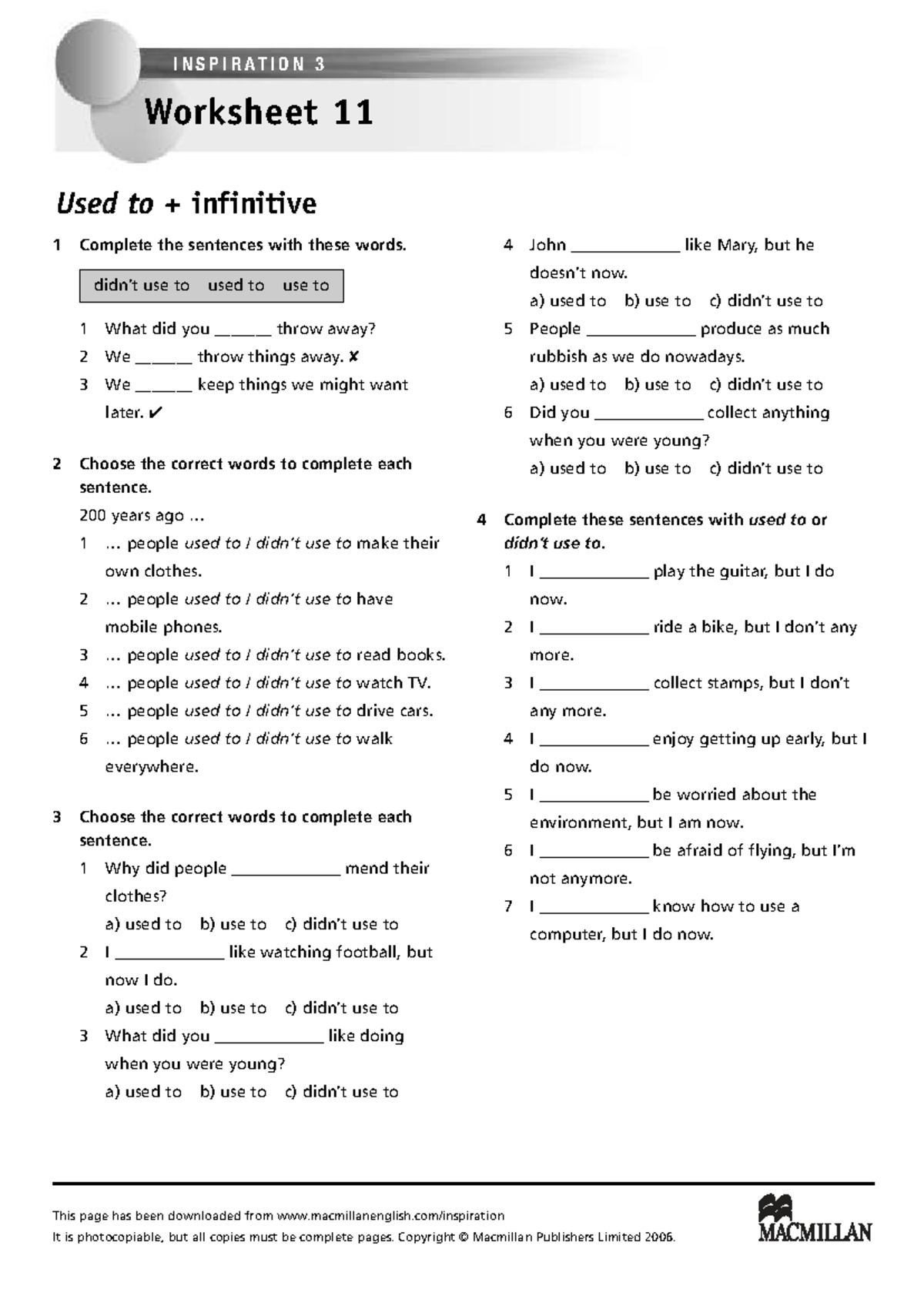 Used to Infinitive Exercises - Worksheet 11 (Inspiration 3) - Studocu
