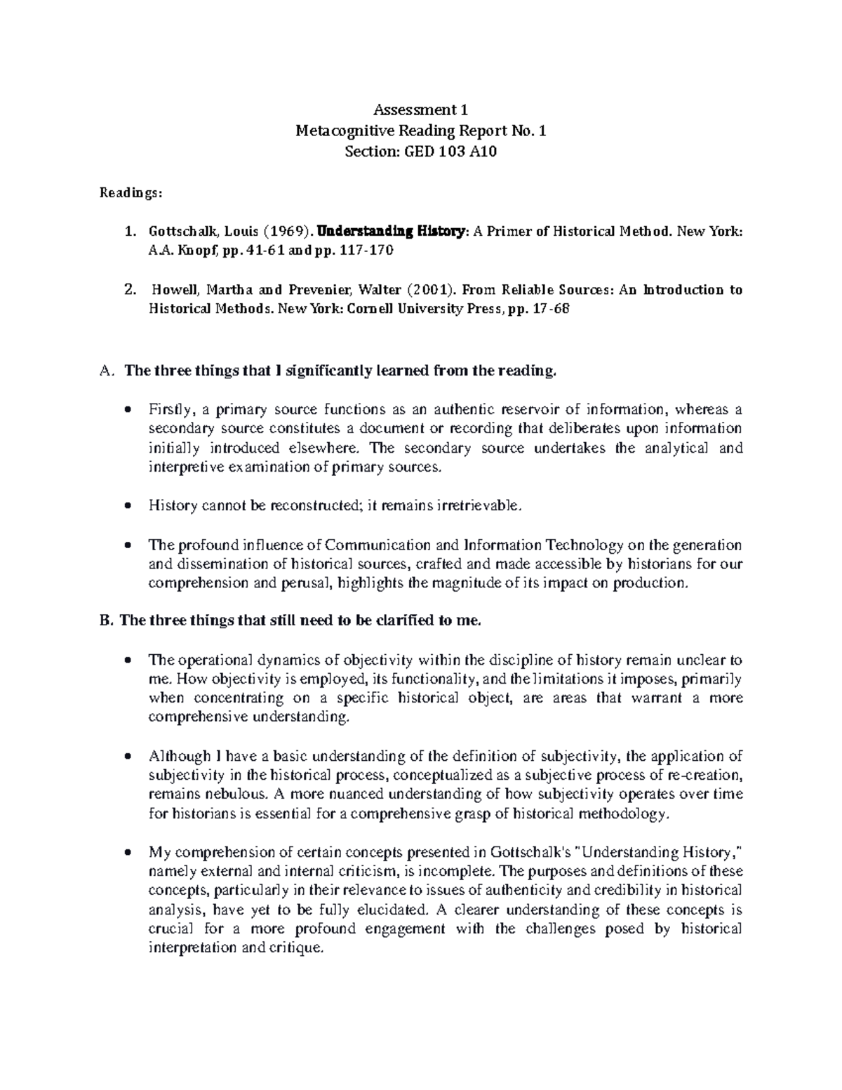 MRR3 [Understanding History] - Assessment 1 Metacognitive Reading Report No. 1 Section: GED 10 3 ...