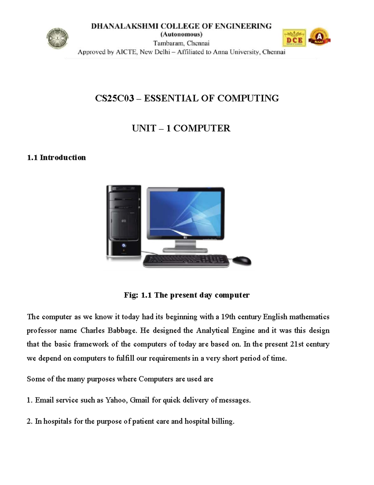 CS25C03 ESSENTIALS OF COMPUTING: UNIT 1 OVERVIEW AND HISTORY - Studocu