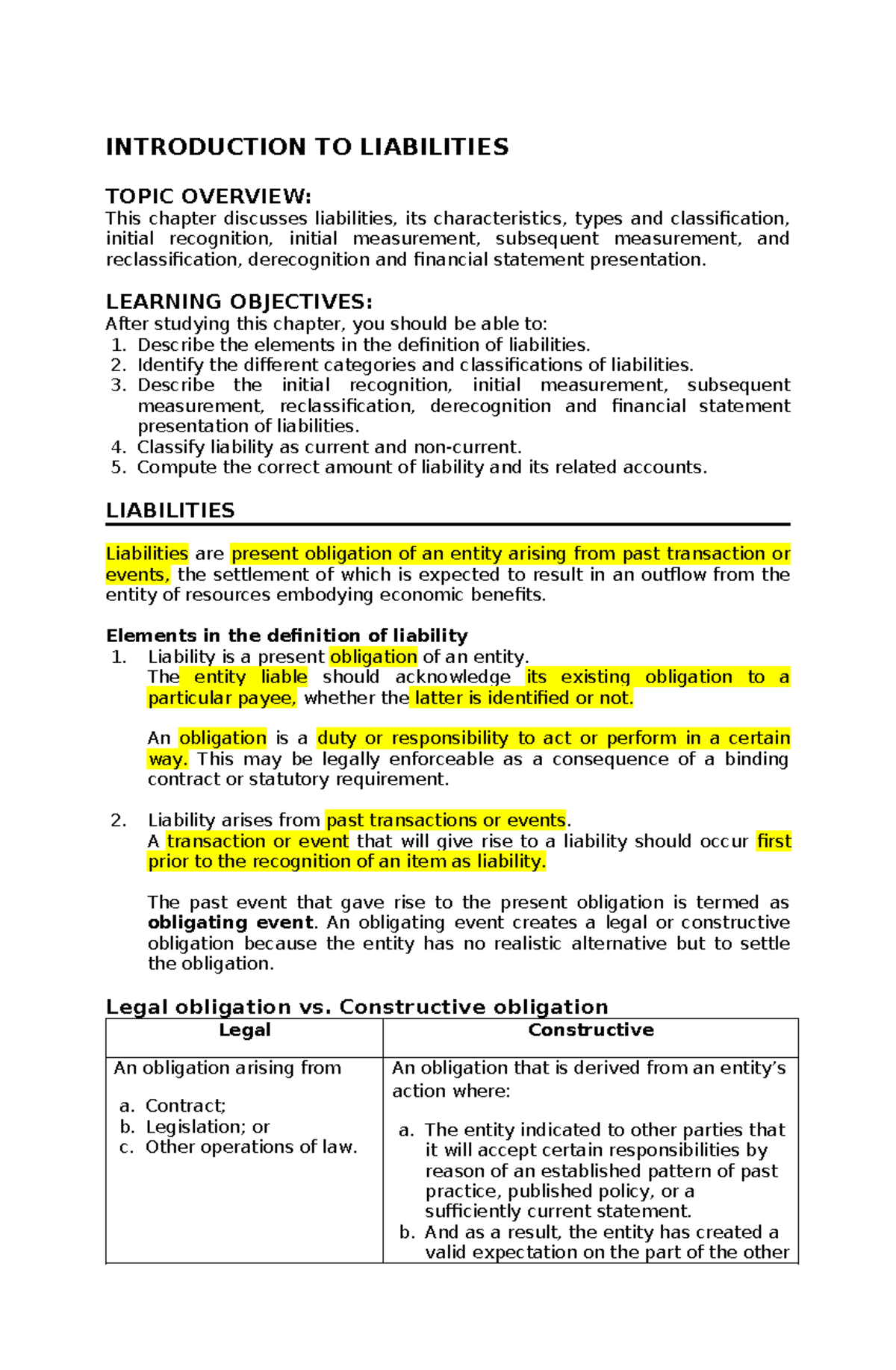 Introduction to Liabilities: Characteristics, Types, and Measurement Overview - Studocu
