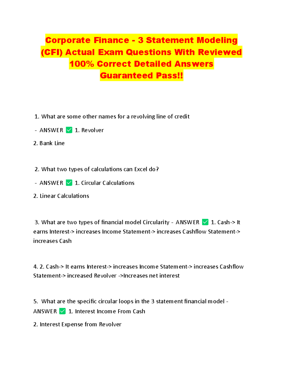 Corporate Finance (CFI) 3 Statement Modeling Exam Q&A with Detailed ...