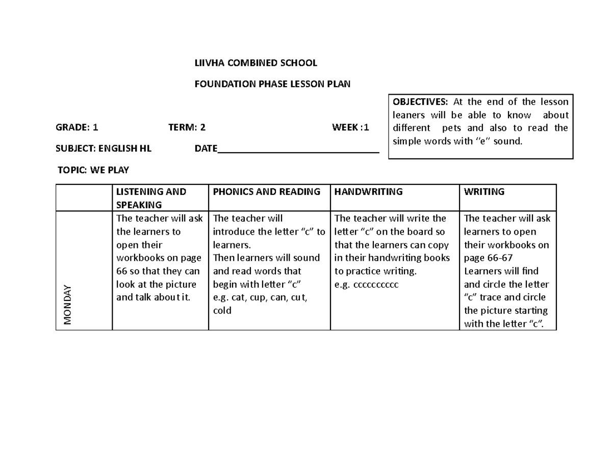 LIIVHA COMBINED SCHOOL GRADE 1 ENGLISH LESSON PLAN TERM 2 - Studocu