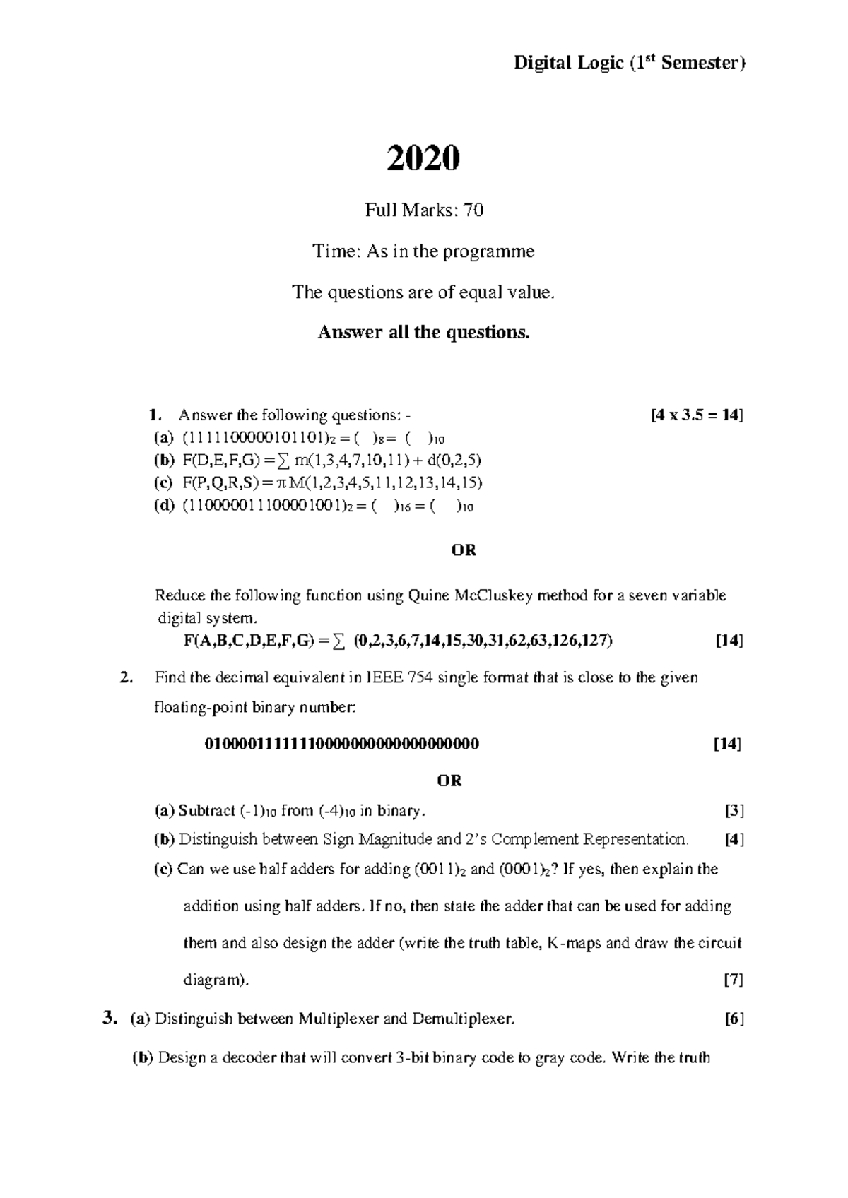Digital Logic 2020 - Final Exam Questions & Solutions (DL Q) - Studocu