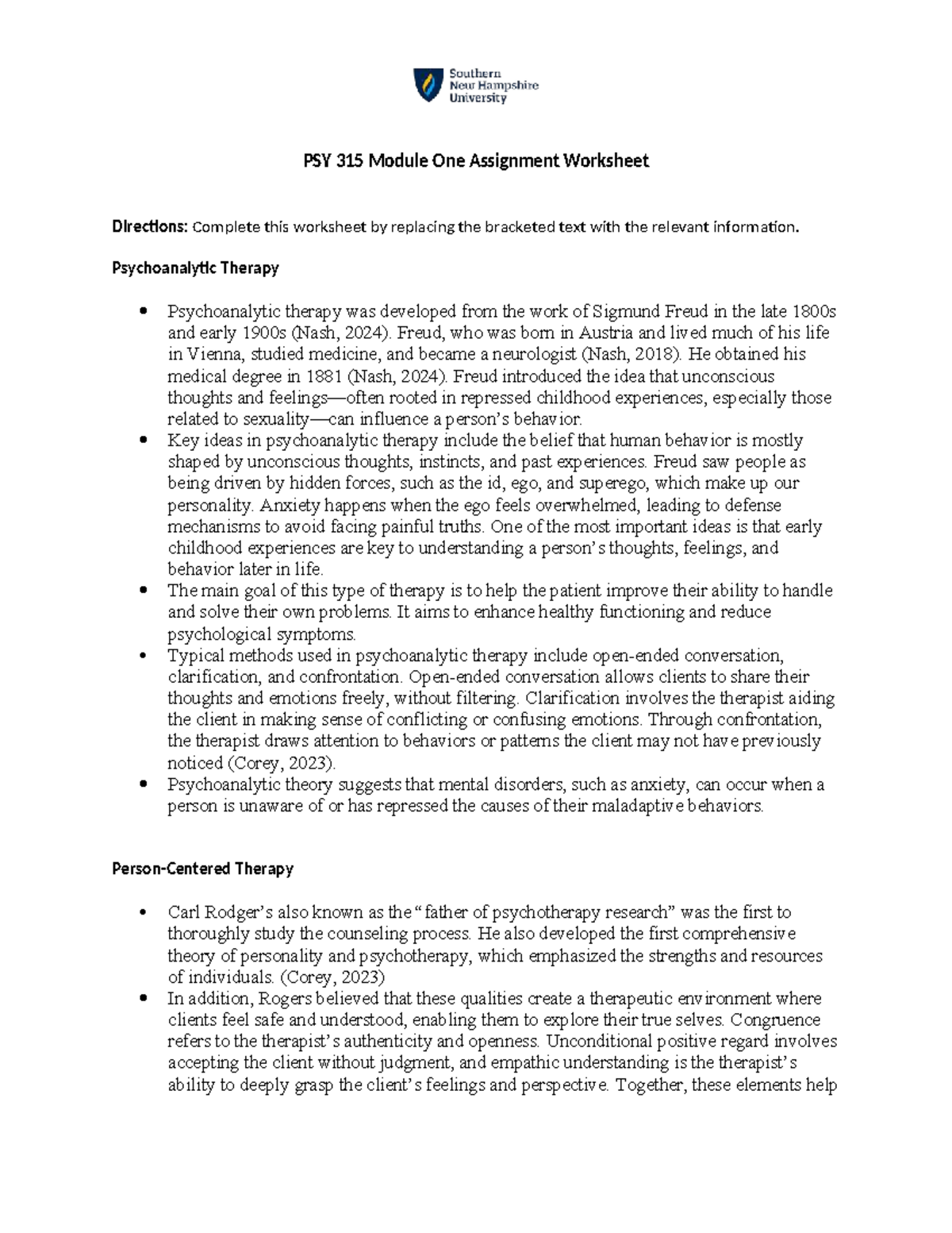 PSY 315 Psychoanalytic & Cognitive Behavioral Therapy Overview ...
