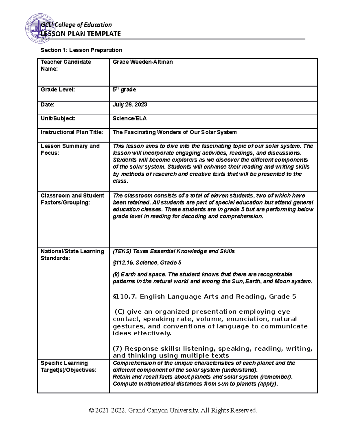 Cross-Curricular Lesson Plan And Rationale - LESSON PLAN TEMPLATE ...