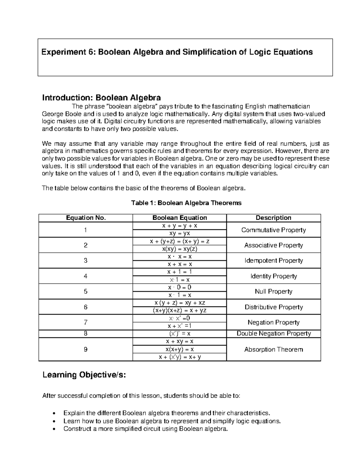Lab. Activity 6: Exploring Boolean Algebra & Logic Equation ...