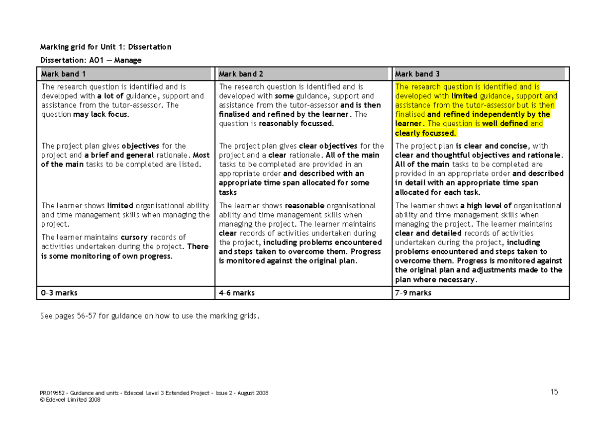 Marking Grid for Edexcel Level 3 Extended Project: Dissertation - Studocu