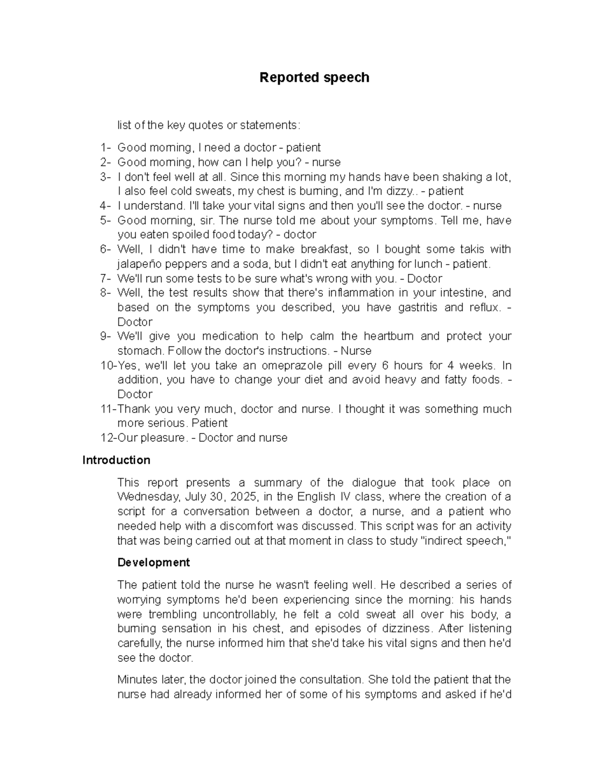 English IV: Reported Speech Dialogue Summary and Key Quotes - Studocu