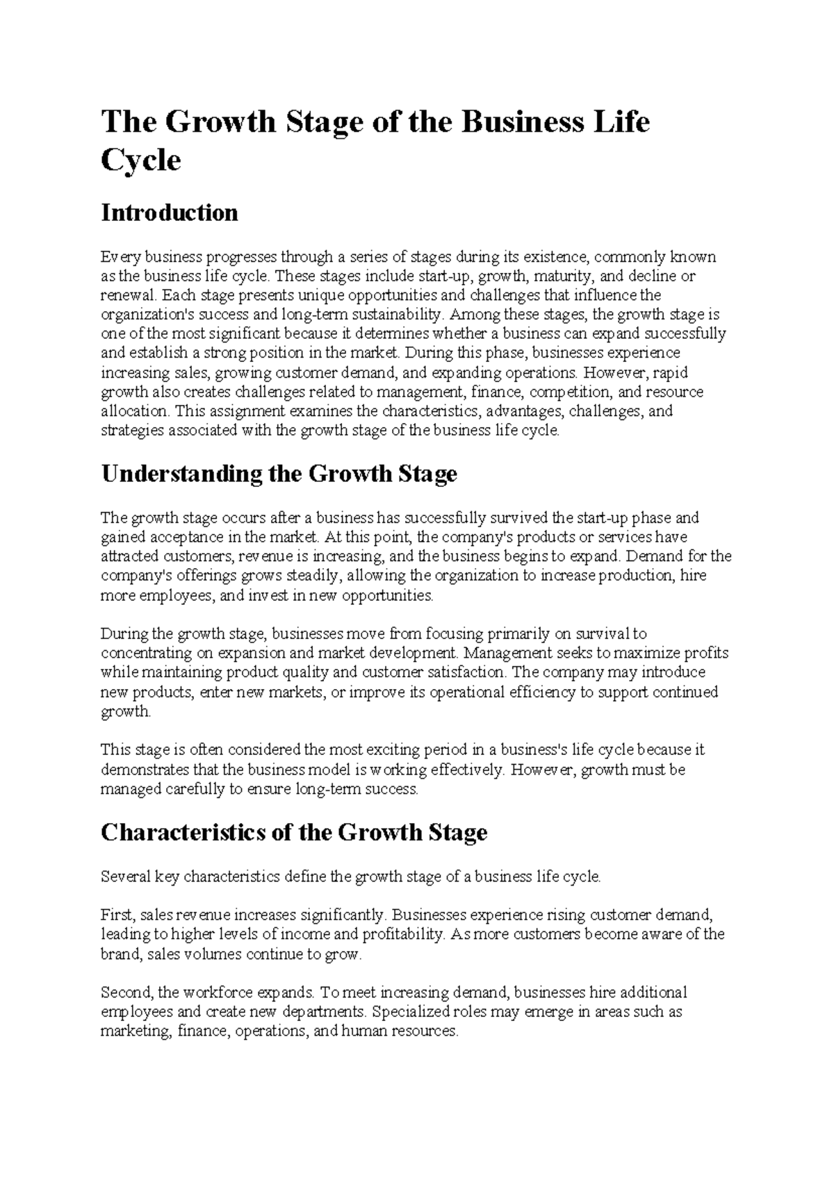Business Life Cycle: Understanding the Growth Stage - Studocu