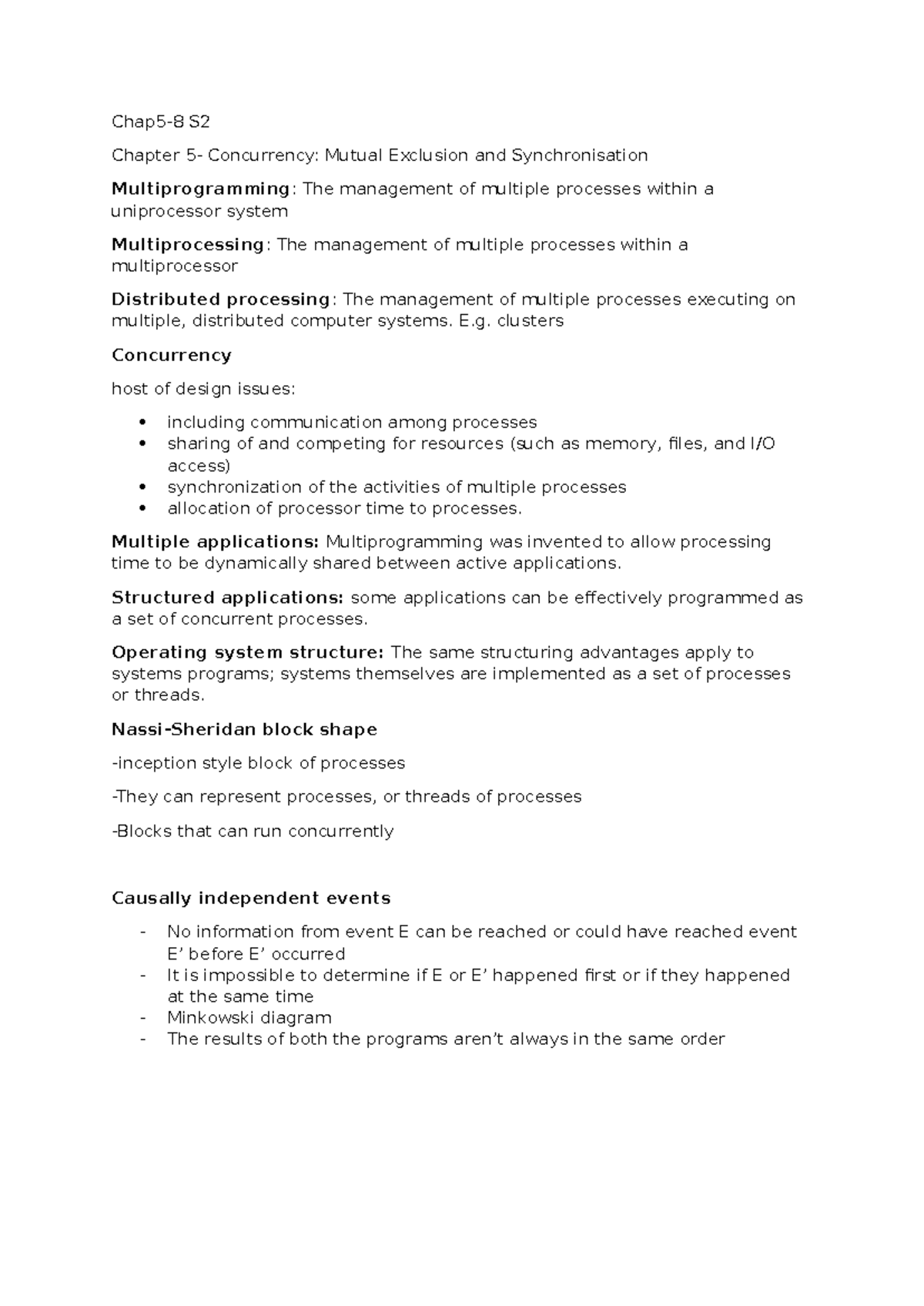 S2 Chapter 5 Summary: Concurrency, Mutual Exclusion & Synchronization - Studocu