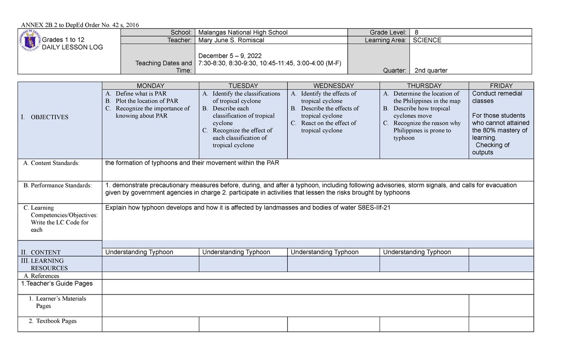 Grade 8 Daily Lesson Exemplar on Typhoons and PAR Activities - Studocu