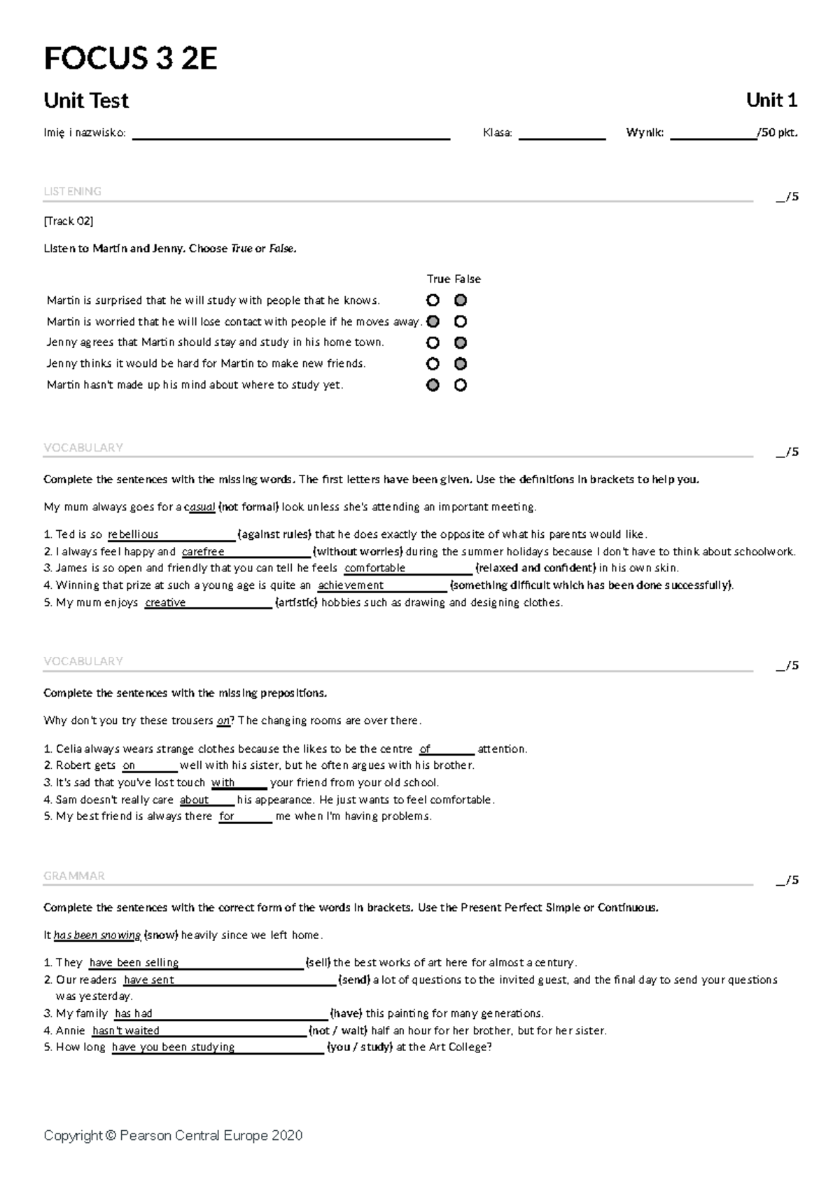 Unit 1 Unit Test V1 Key - Unit Test Unit 1 Imię i nazwisko: Klasa ...