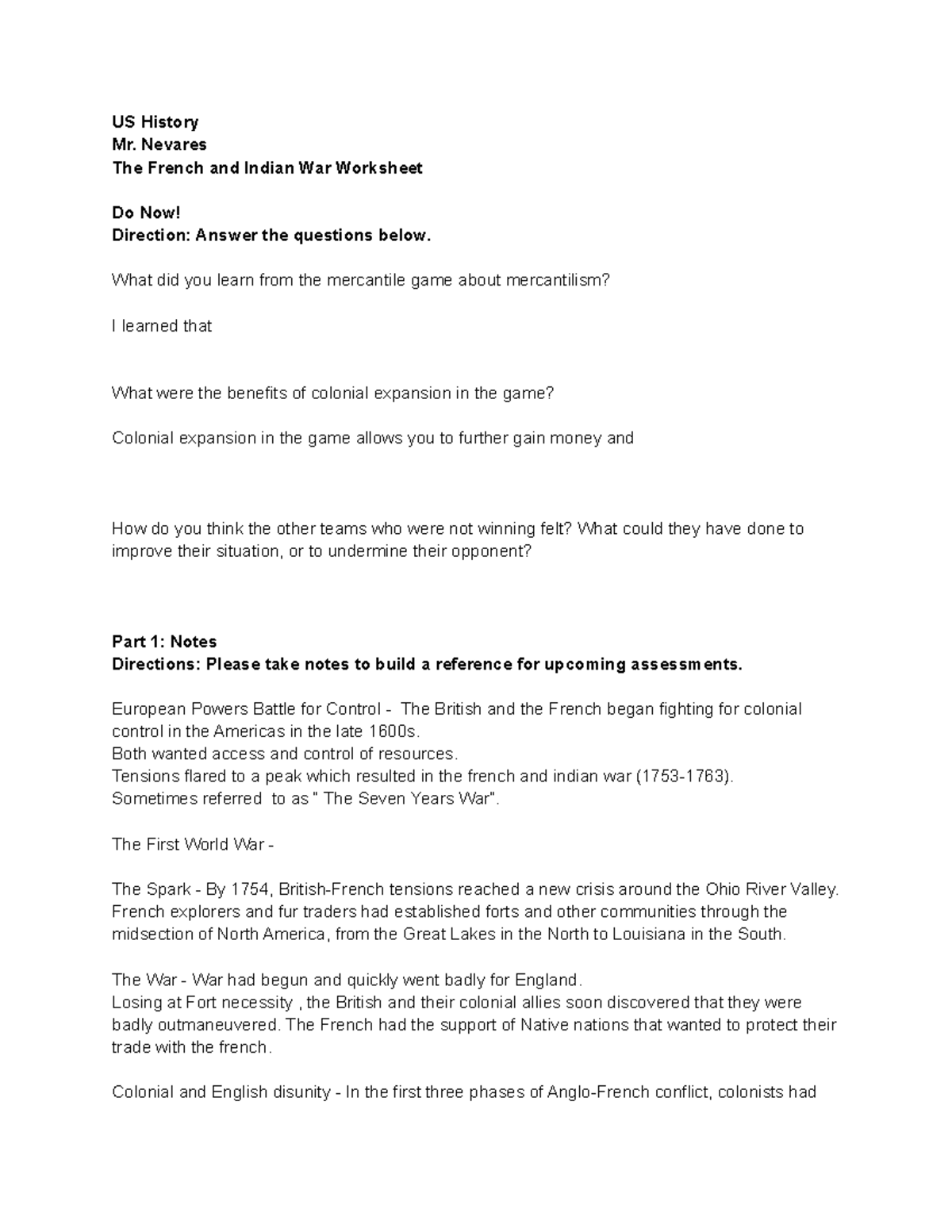 French and Indian War Worksheet Overview - US History - 7936790 - Studocu