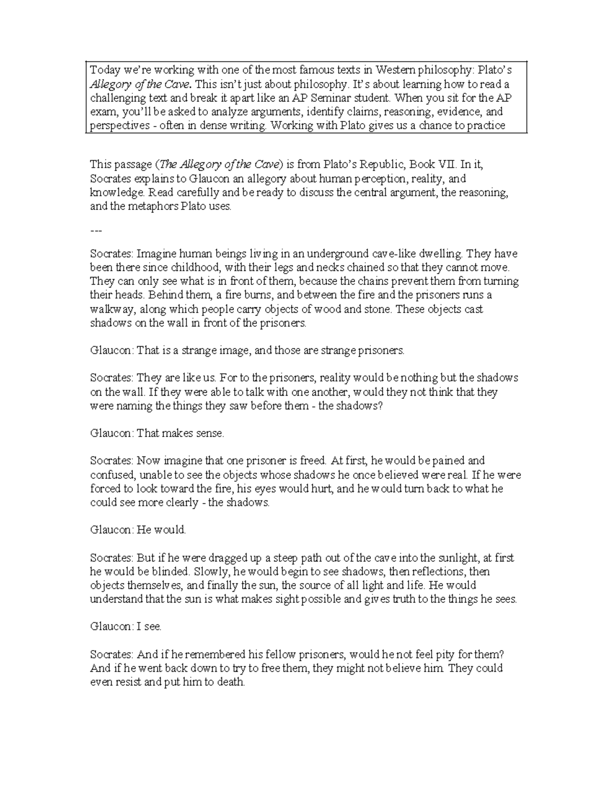 AP Seminar: Analyzing Plato's Allegory of the Cave Excerpt - Studocu