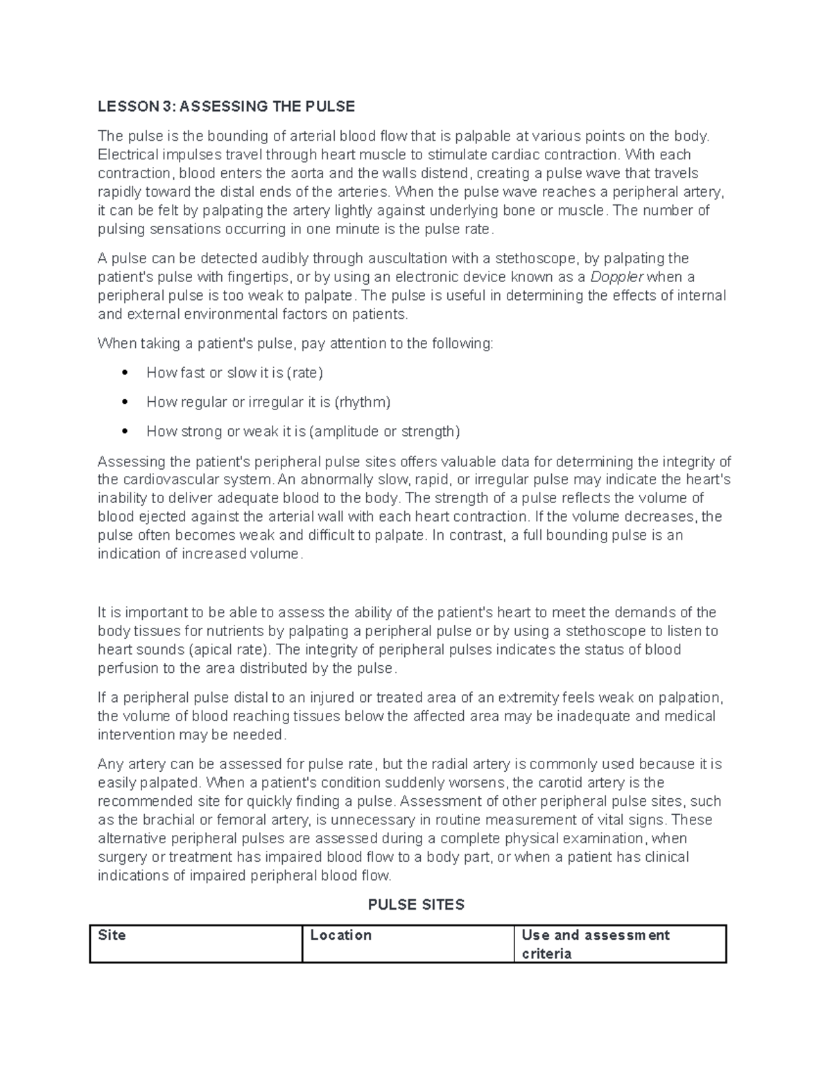 Module 4 Vital signs Lesson 3 Notes - LESSON 3: ASSESSING THE PULSE The ...