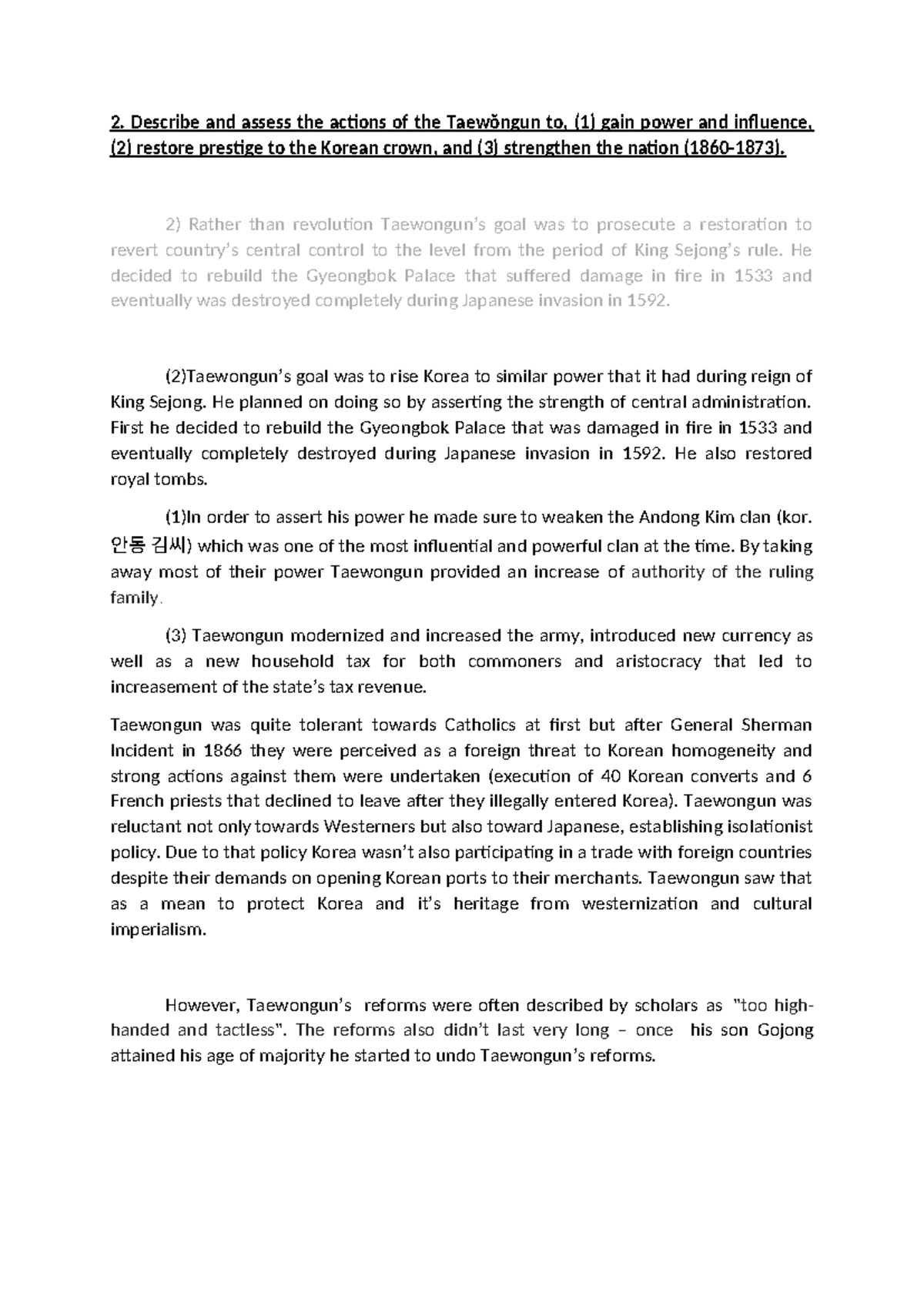 MHK 2, 3: Taewongun's Reforms & Kapshin Coup d'Etat Analysis - Studocu