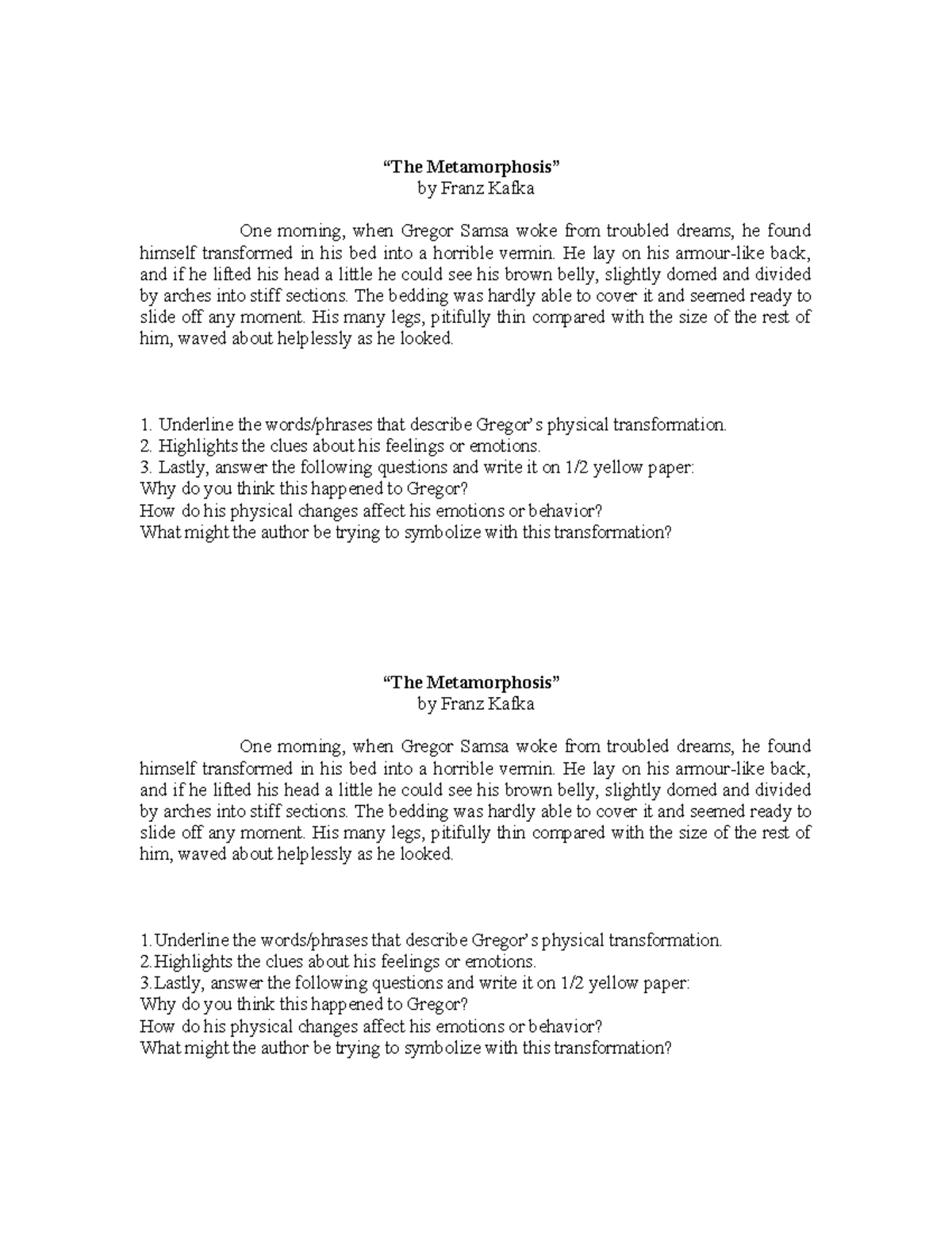 The Metamorphosis - Reading Process Activity (ENG 101) - Studocu