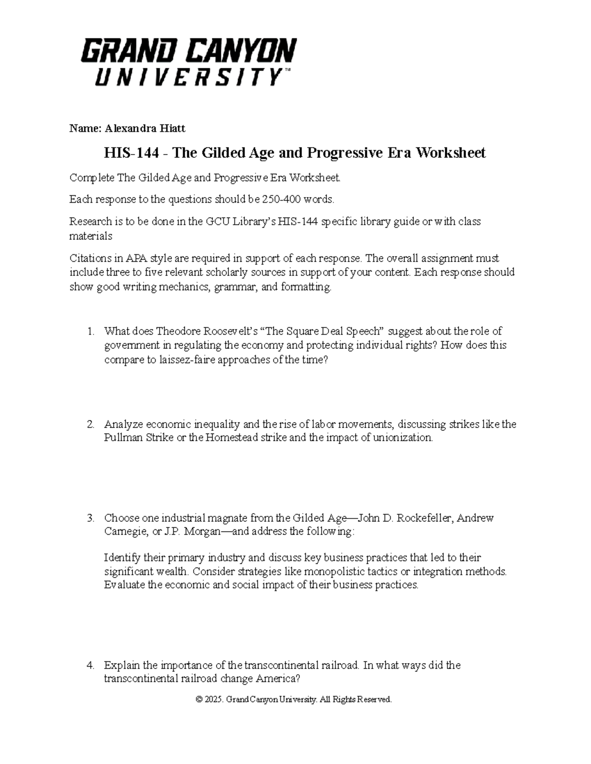 HIS-144-RS-T5: Gilded Age & Progressive Era Worksheet Guide - Studocu