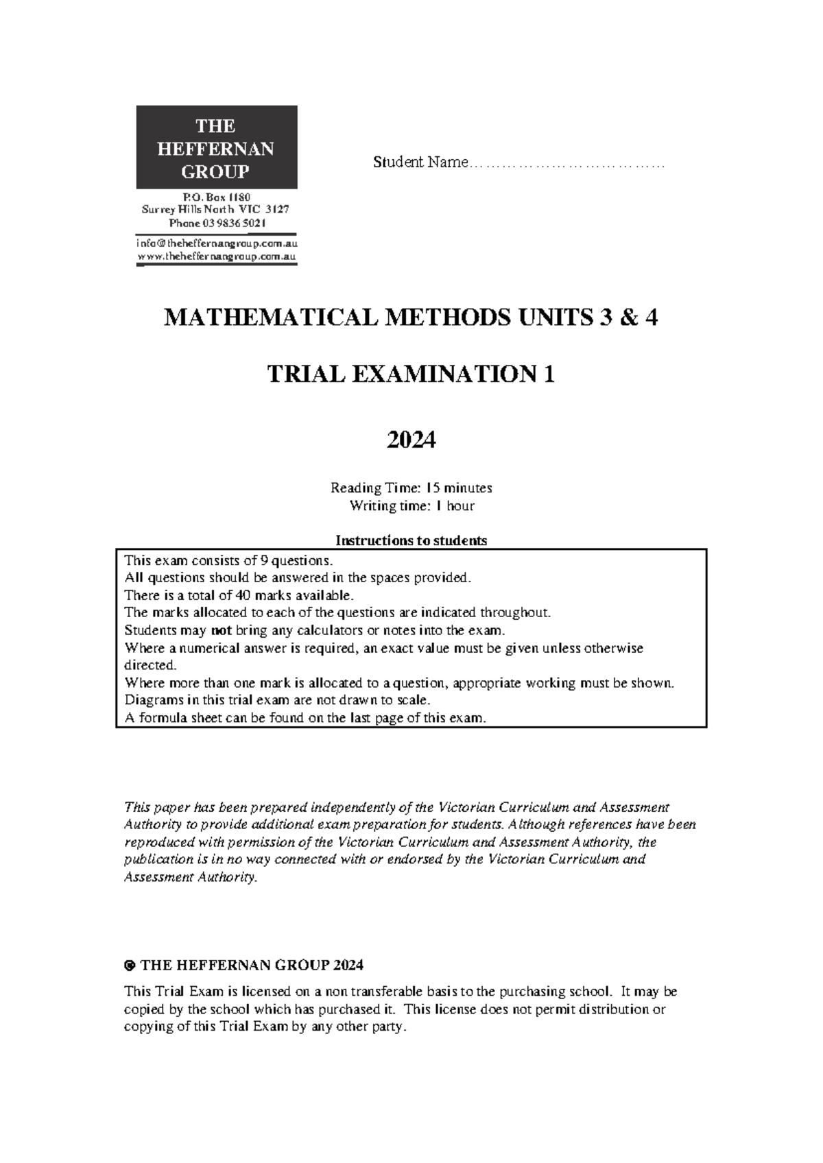 Mathematical Methods Units 3 & 4 Trial Exam 1 - 2024 - Studocu
