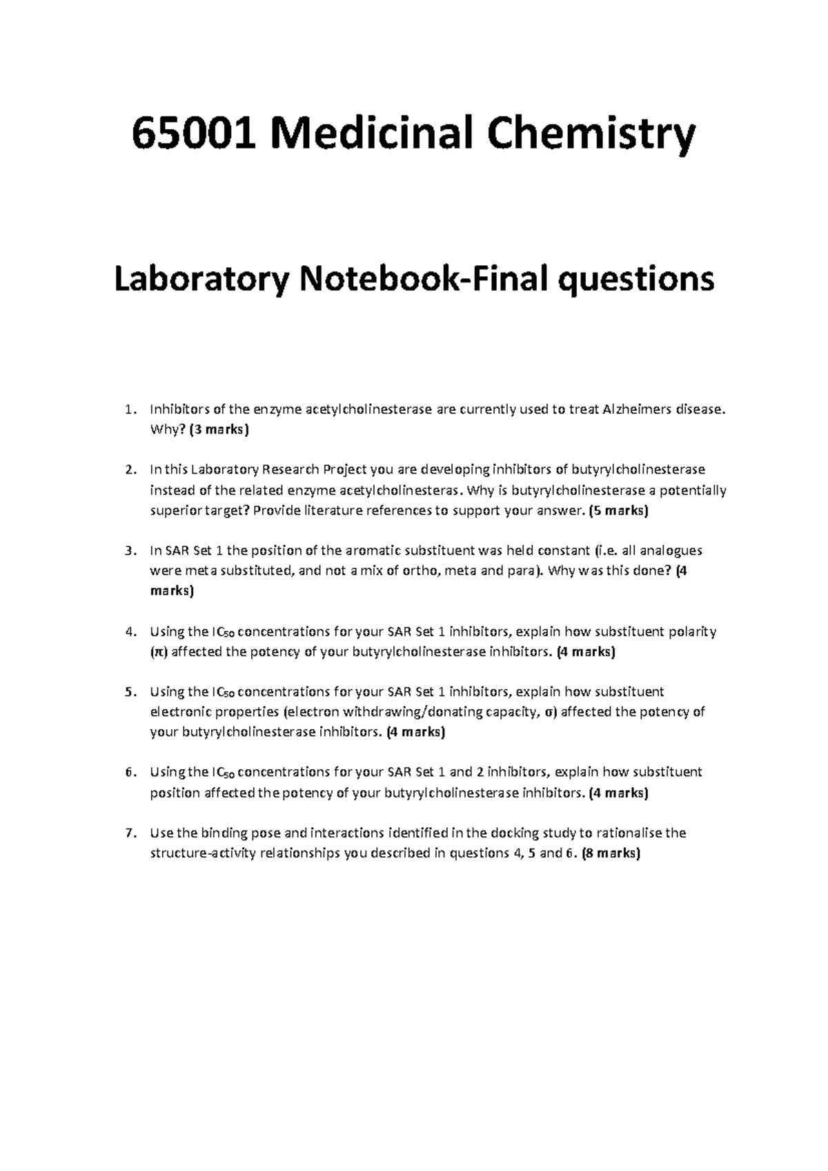 65001 Medicinal Chemistry Lab: Final Questions on Enzyme Inhibitors ...