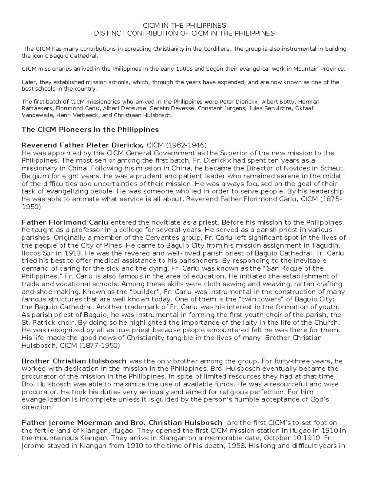 CICM Missionaries: Contributions & Legacy in the Philippines - Studocu