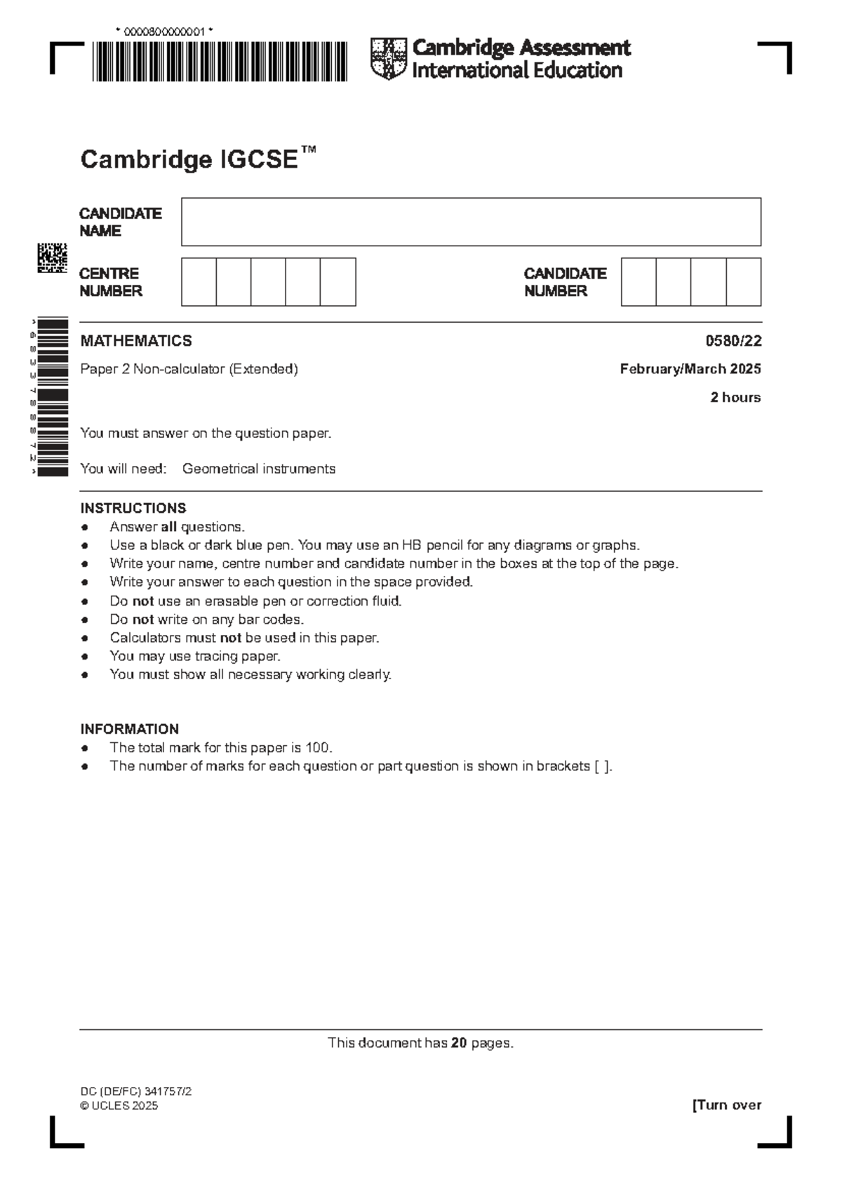 0580/22 IGCSE Mathematics Paper 2 (Extended) Past Exam 2025 - Studocu