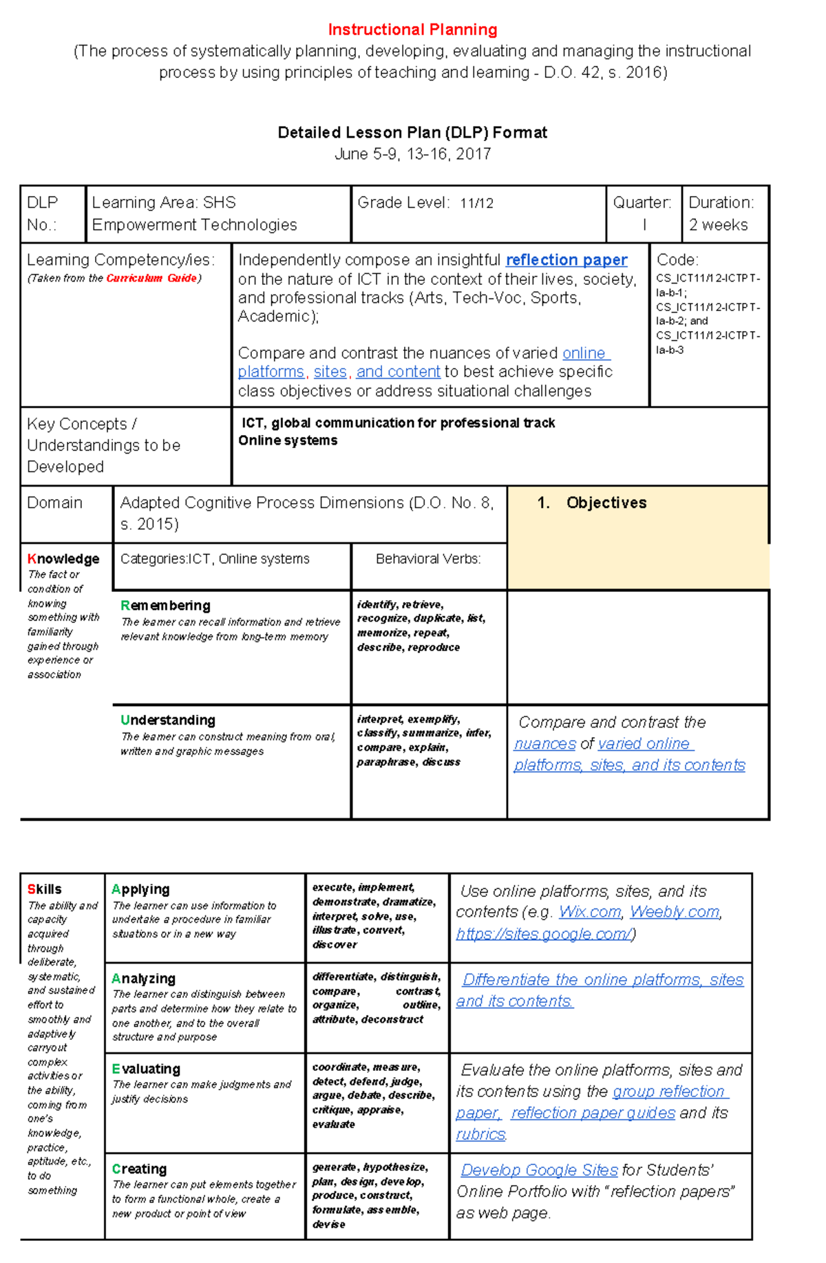 DLP Weeks 1 and 2 - a very informative document - Instructional ...