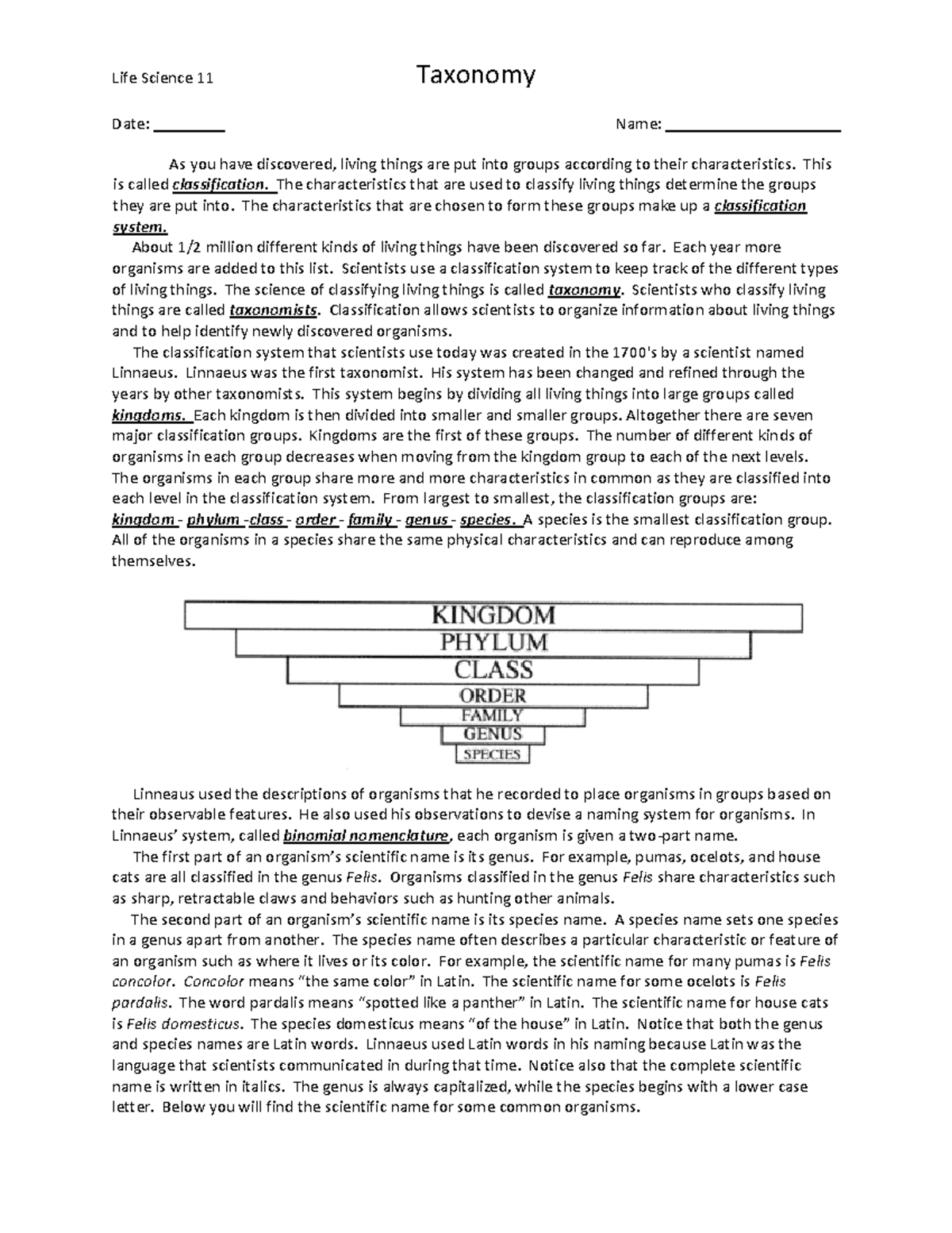 Life Science 11: Taxonomy Reading Assignment Overview - Studocu