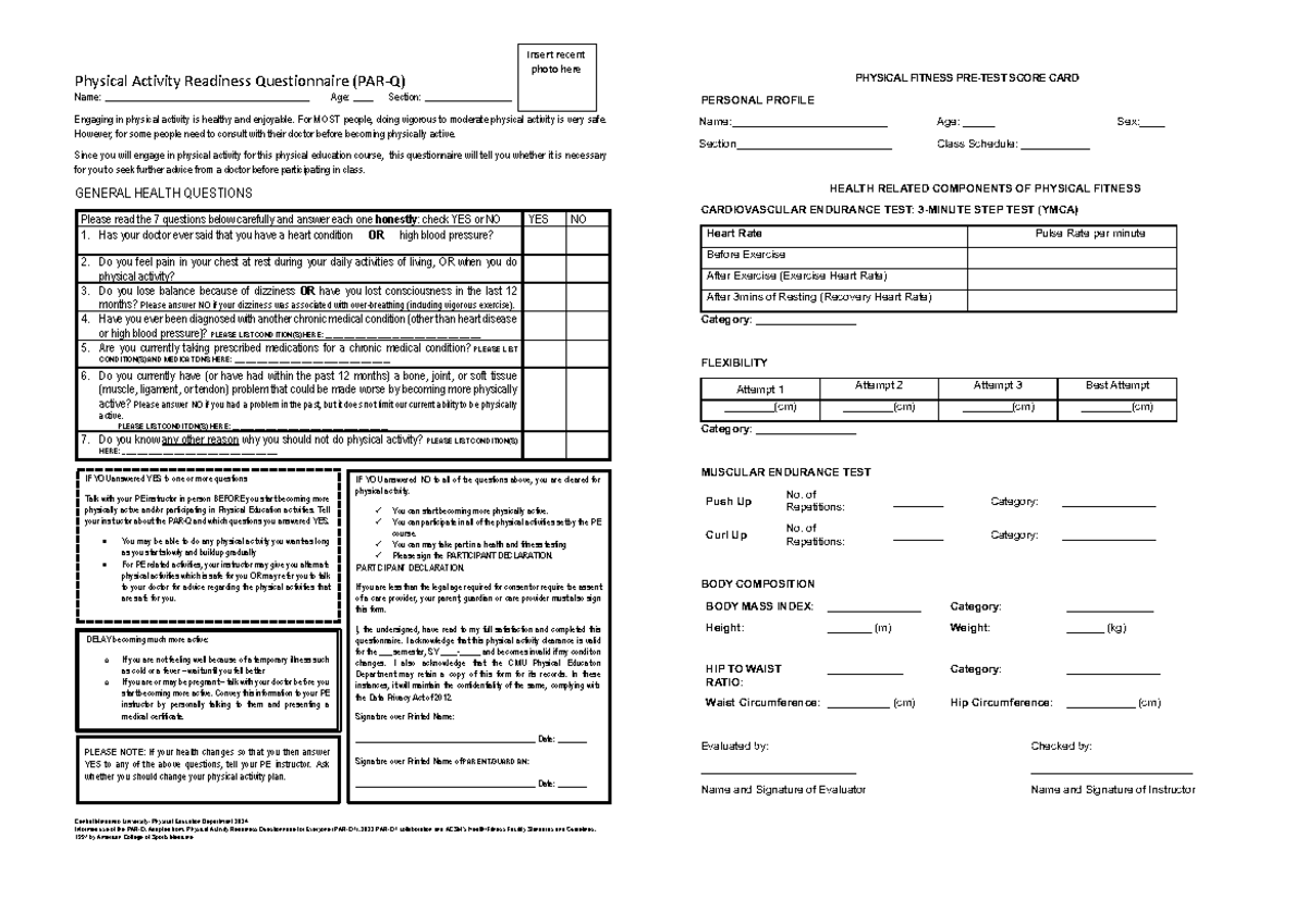 Physical Activity Readiness Questionnaire (PE 101) - Studocu