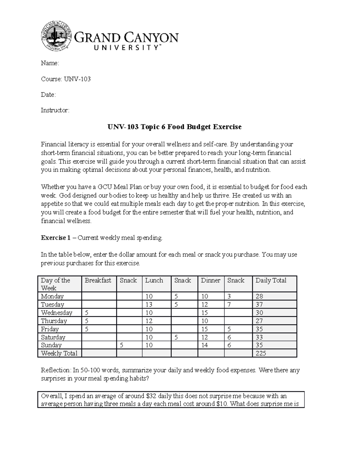 Topic 6 Food Budget Exercise - Name: Course: UNV- Date: Instructor: UNV ...