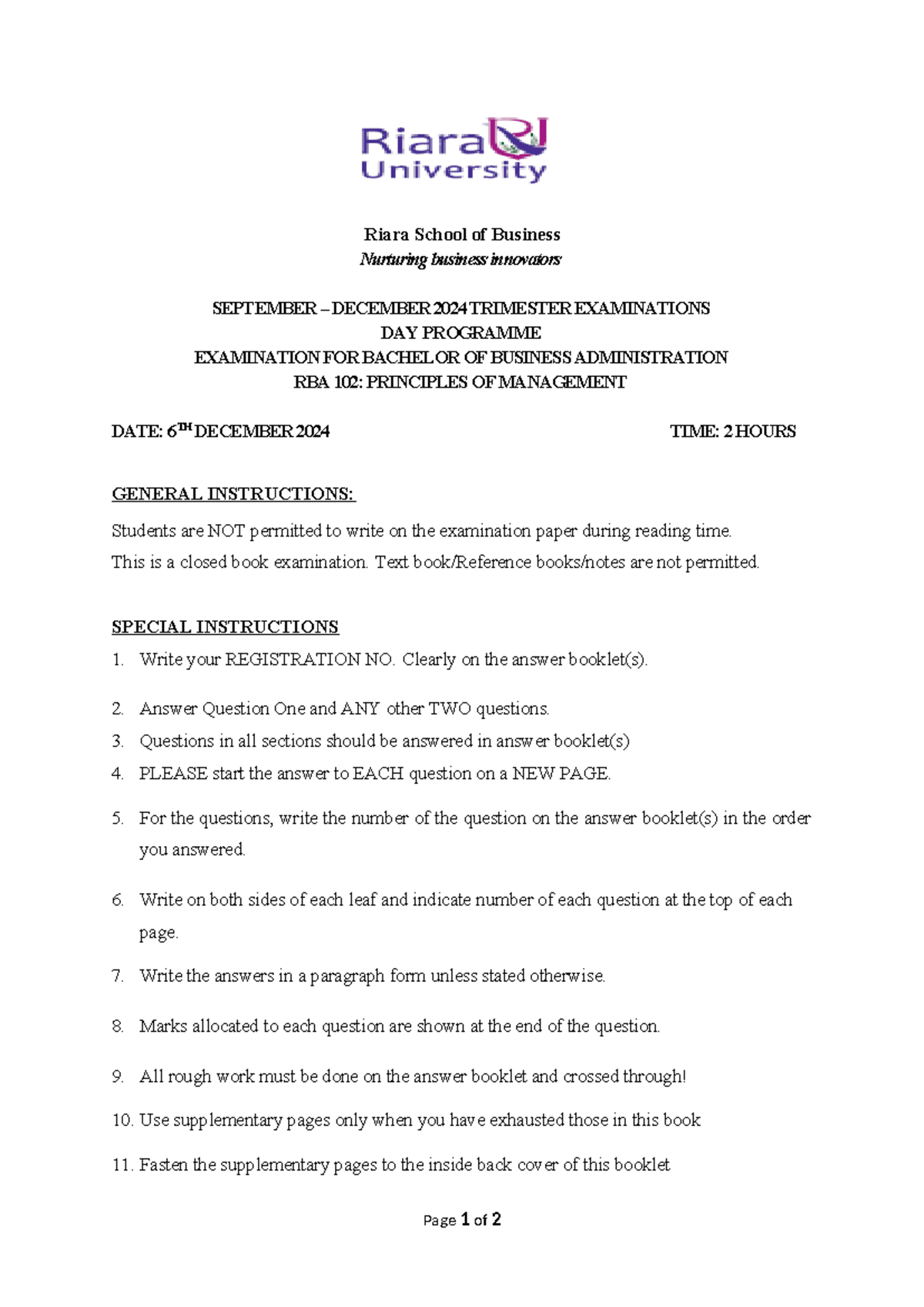 RBA 102: Principles of Management December 2024 Exam Instructions - Studocu