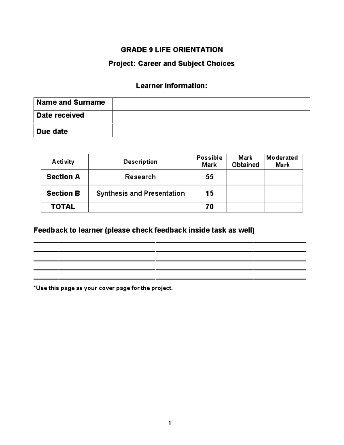 Grade 9 Life Orientation: Task 1 - Career and Subject Choices Project ...