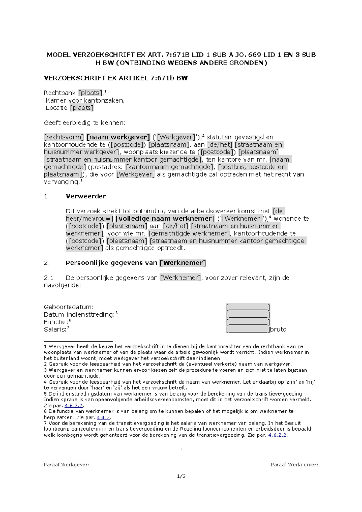 Model Verzoekschrift Ontbinding Arbeidsovereenkomst o.g.v. Art. 7:671b ...
