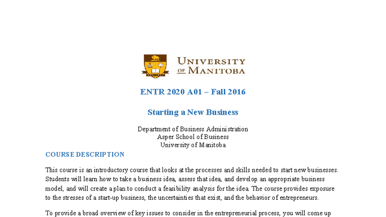F16 ENTR 2020 A01 Starting a New Business Course Overview - Studocu