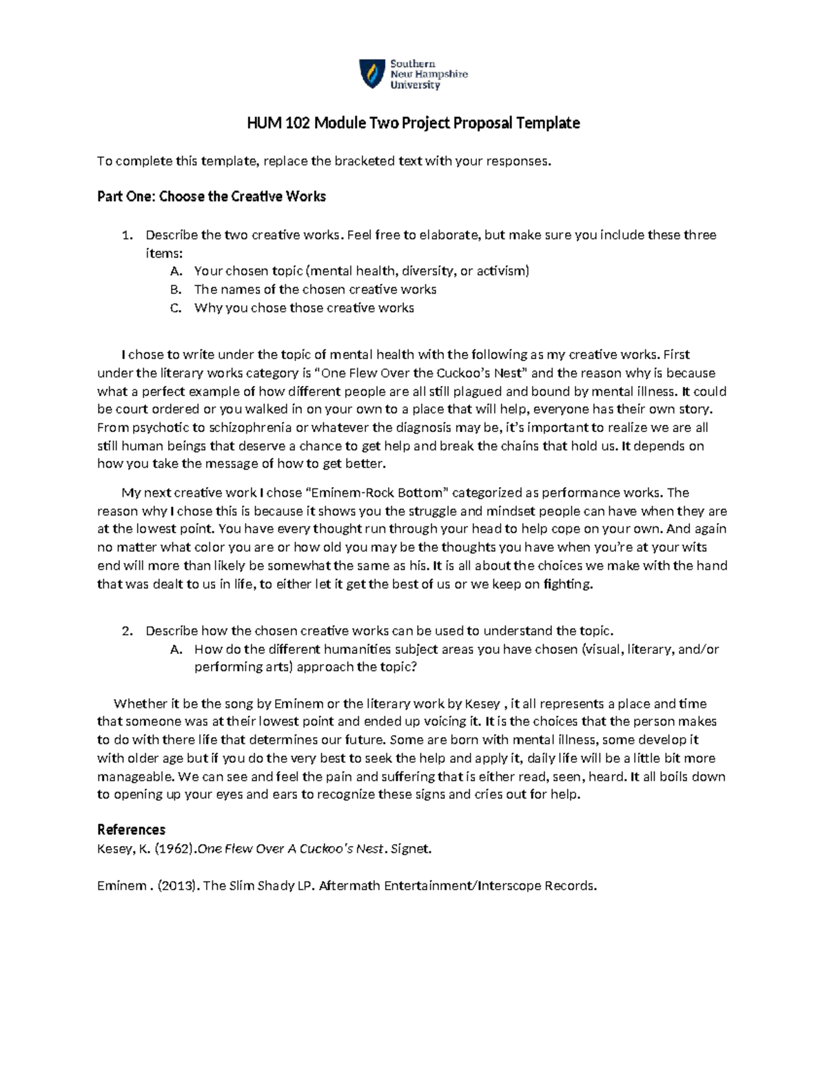 HUM 102 Module 2 Project Proposal on Mental Health Creative Works - Studocu